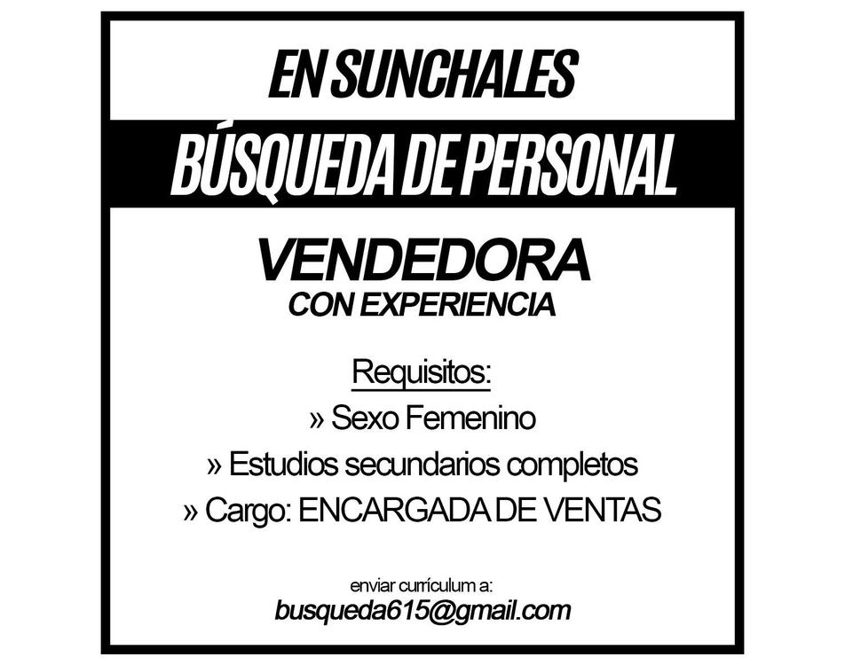 Se busca vendedora con experiencia en Sunchales